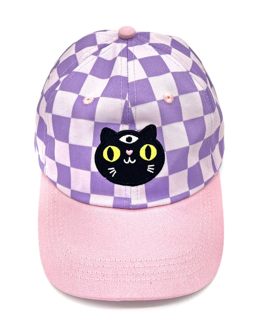 Black Cat Purple Checkerboard Hat